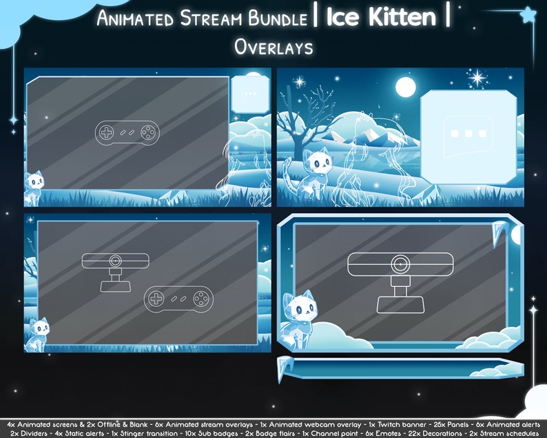 Animated "ice Kitten" Stream Package - Snow Twitch Overlay Pack - Cute ...