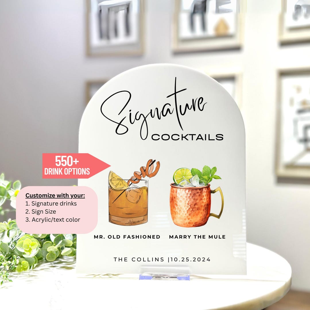 Signature Cocktails Bar Sign, Bar Menu, Acrylic Arch Wedding Bar Sign ...