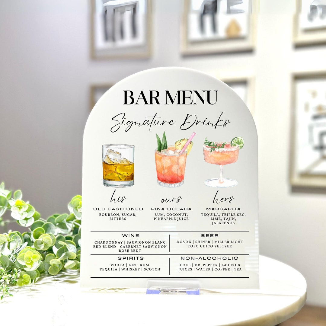 Signature Cocktails Bar Sign, Bar Menu, Acrylic Arch Wedding Bar Sign ...