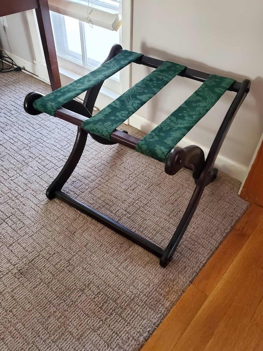 Vintage Wooden Luggage Rack With Forest Green Straps Suitcase Display ...
