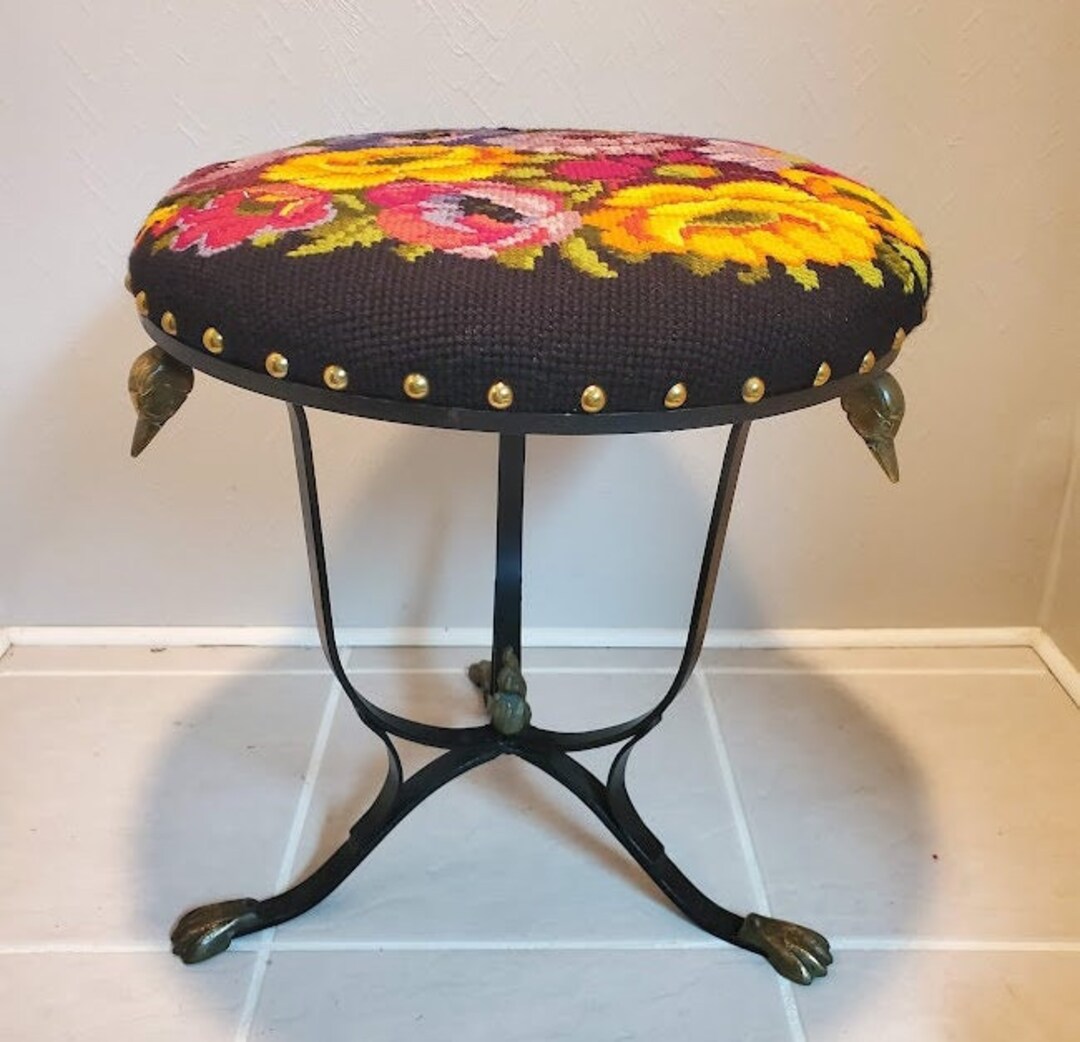 Vintage French Empire Style Iron Brass Swan Stool / Footstool / Vanity ...