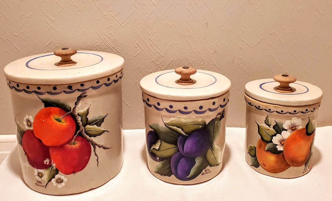 RARE Vintage Crock Hand Painted Canister Set - Etsy