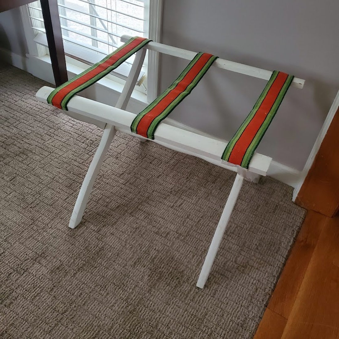 Vintage White With Needlepoint Straps Wood Luggage Rack Suitcase Rack ...
