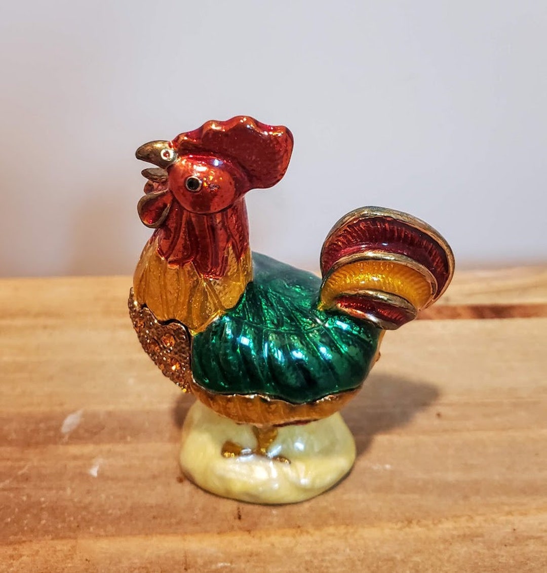 Hinged Bejeweled Enameled Rooster Trinket Box Pill Box Collectible - Etsy