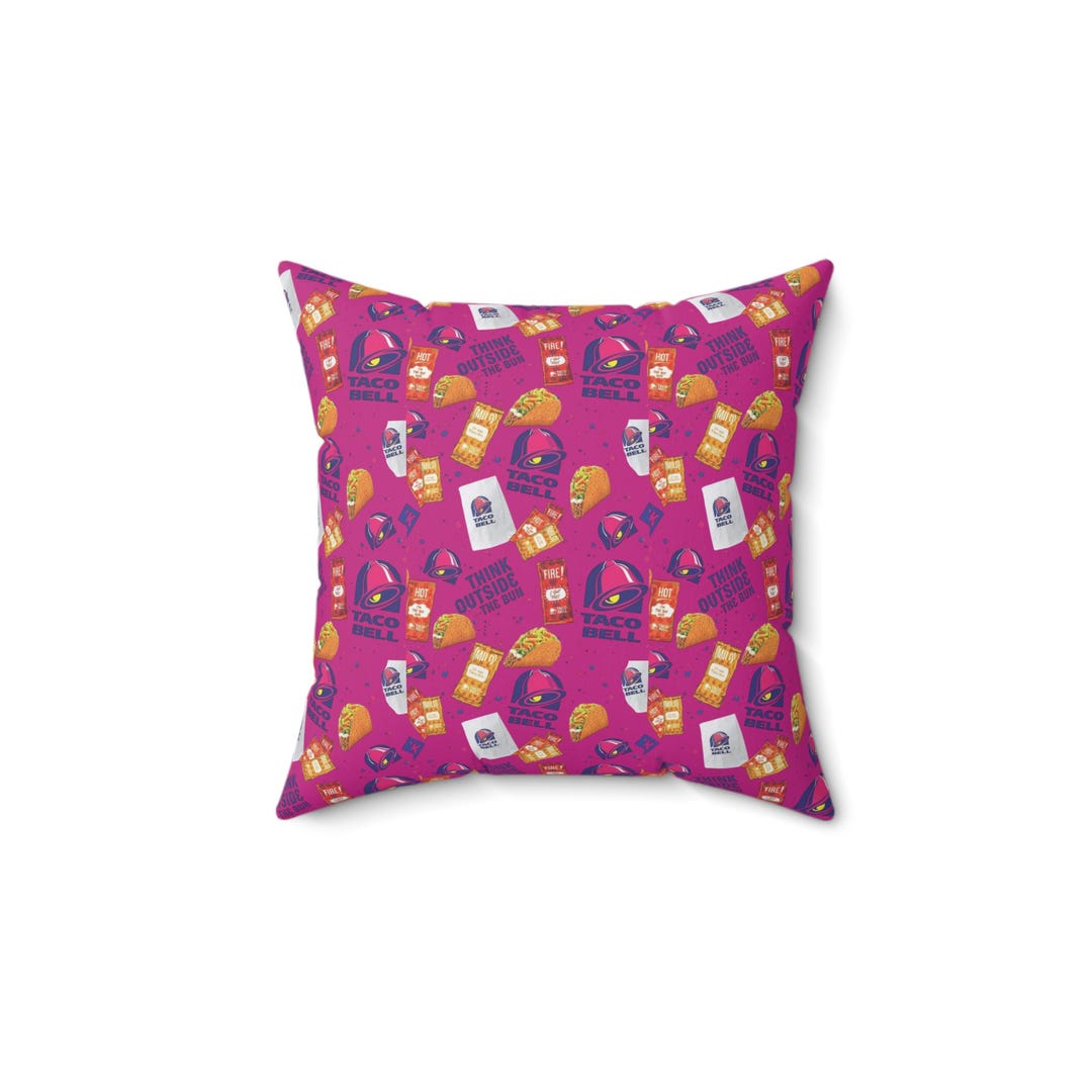 Pink Taco Bell Inspired Pillow, Square Pillow With Logo Tacos and ...