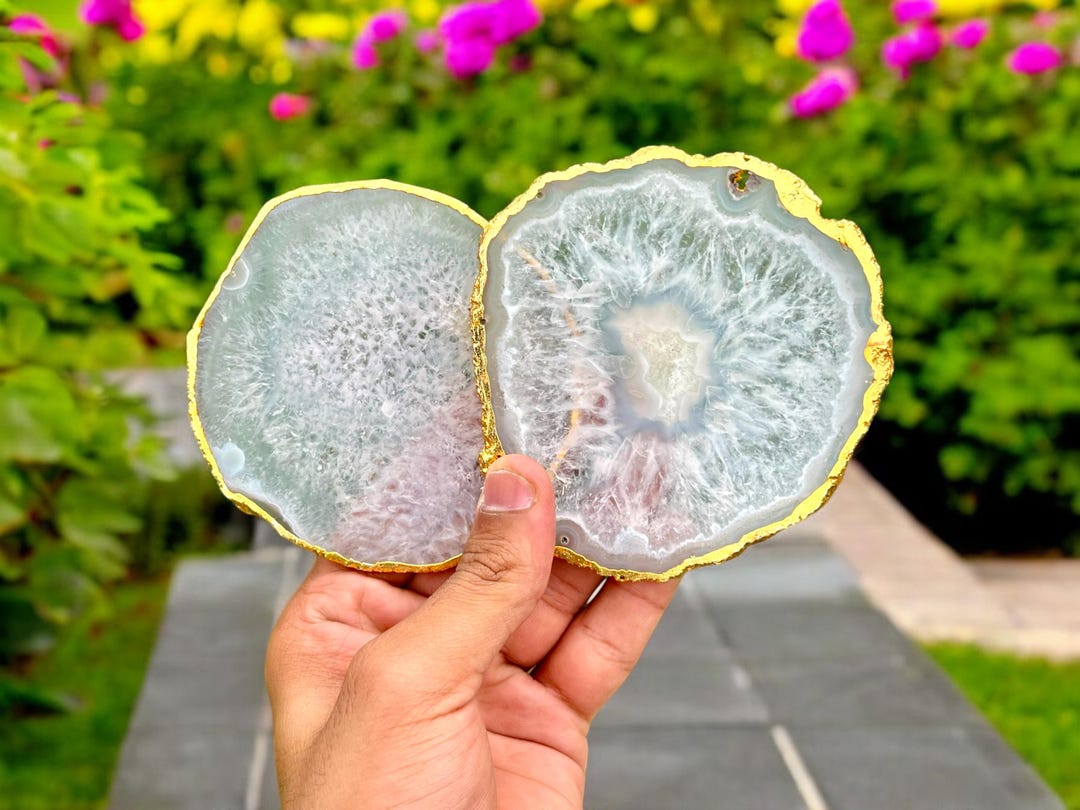 White Agate Coasters With Gold Edge - Set of Handcrafted Crystal Stone ...