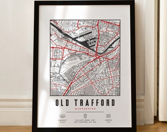 Old Trafford Stadium Map Print, Manchester United Club Location Map or ...