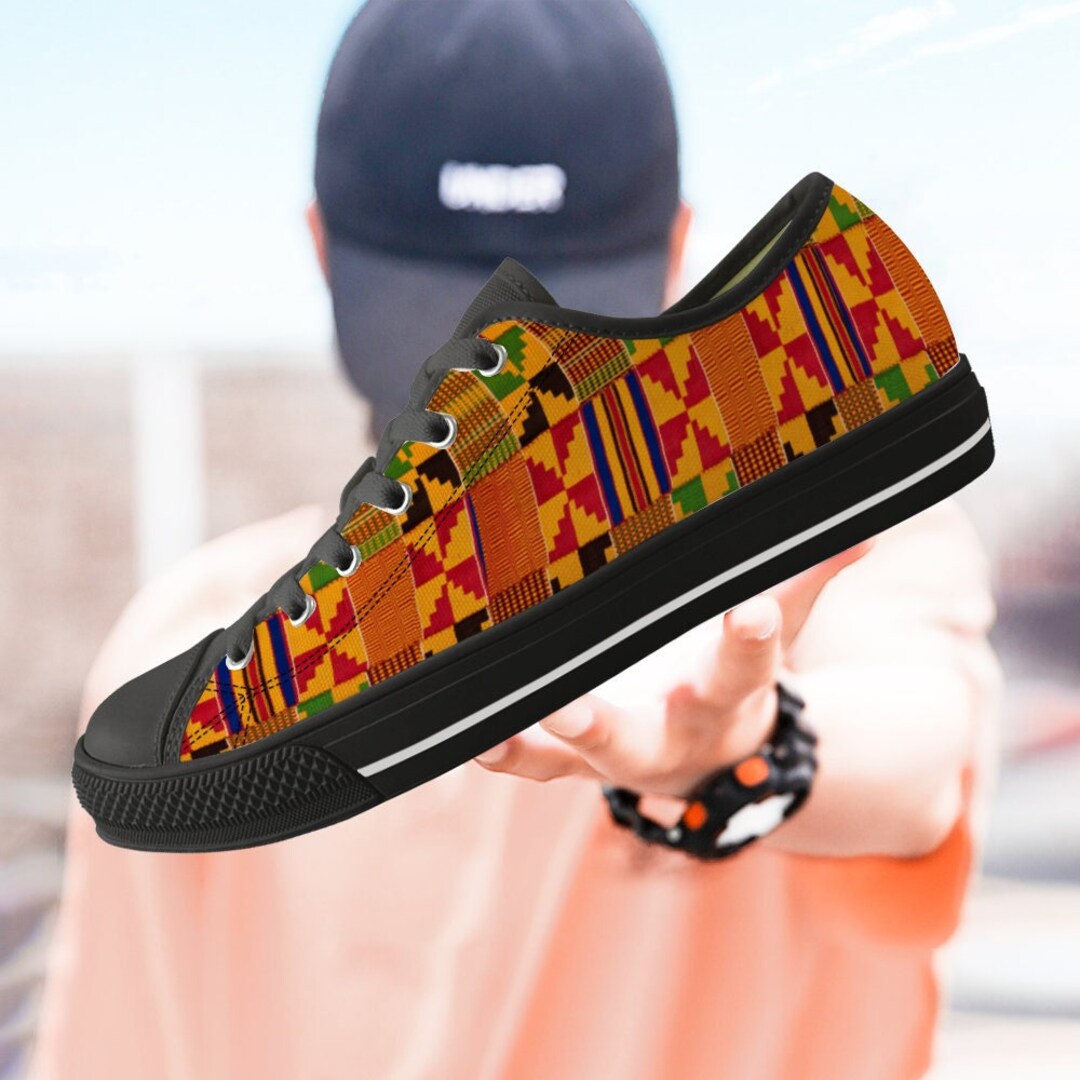 Kente African Custom Shoes Unisex Black Low Top Canvas Shoes African ...