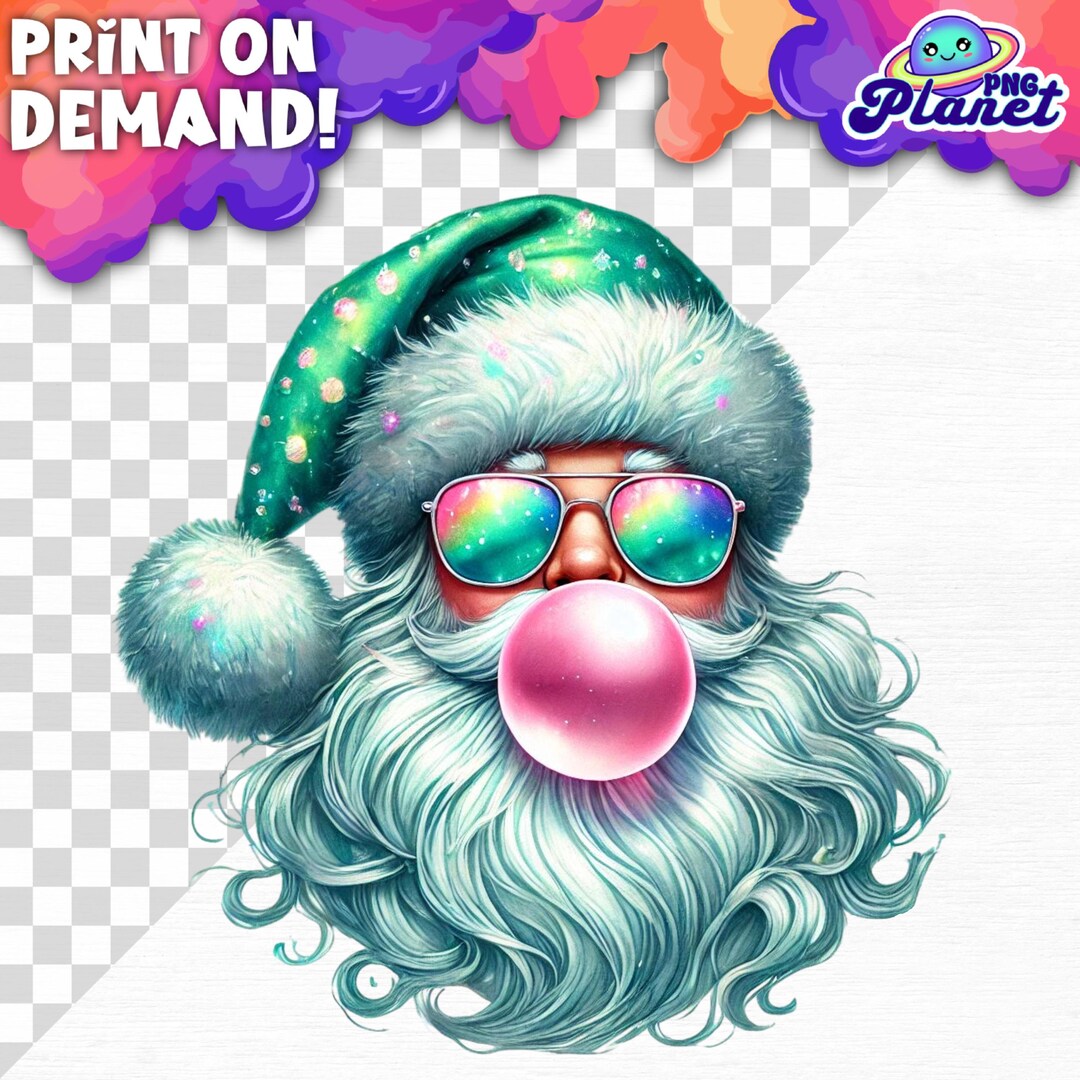 Teal Holographic Santa Blowing Bubble PNG, Funny Santa With Sunglasses ...