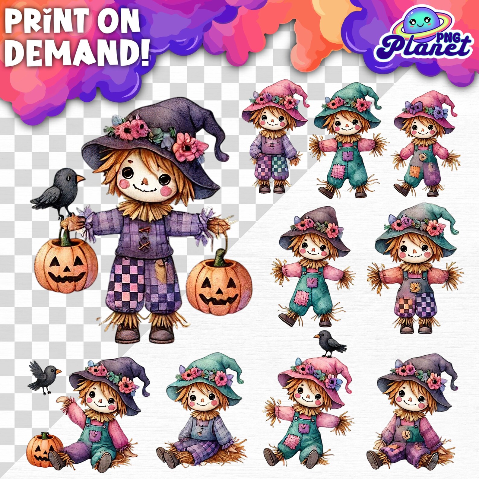 Scarecrow Kids Bundle Sublimation PNG Halloween Clipart Cute Halloween ...