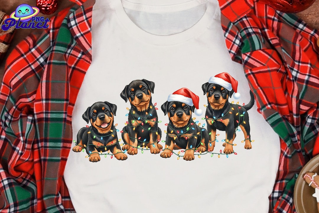 Rottweiler Christmas PNG, Cute Holiday Puppies Wrapped in Lights, Dog ...