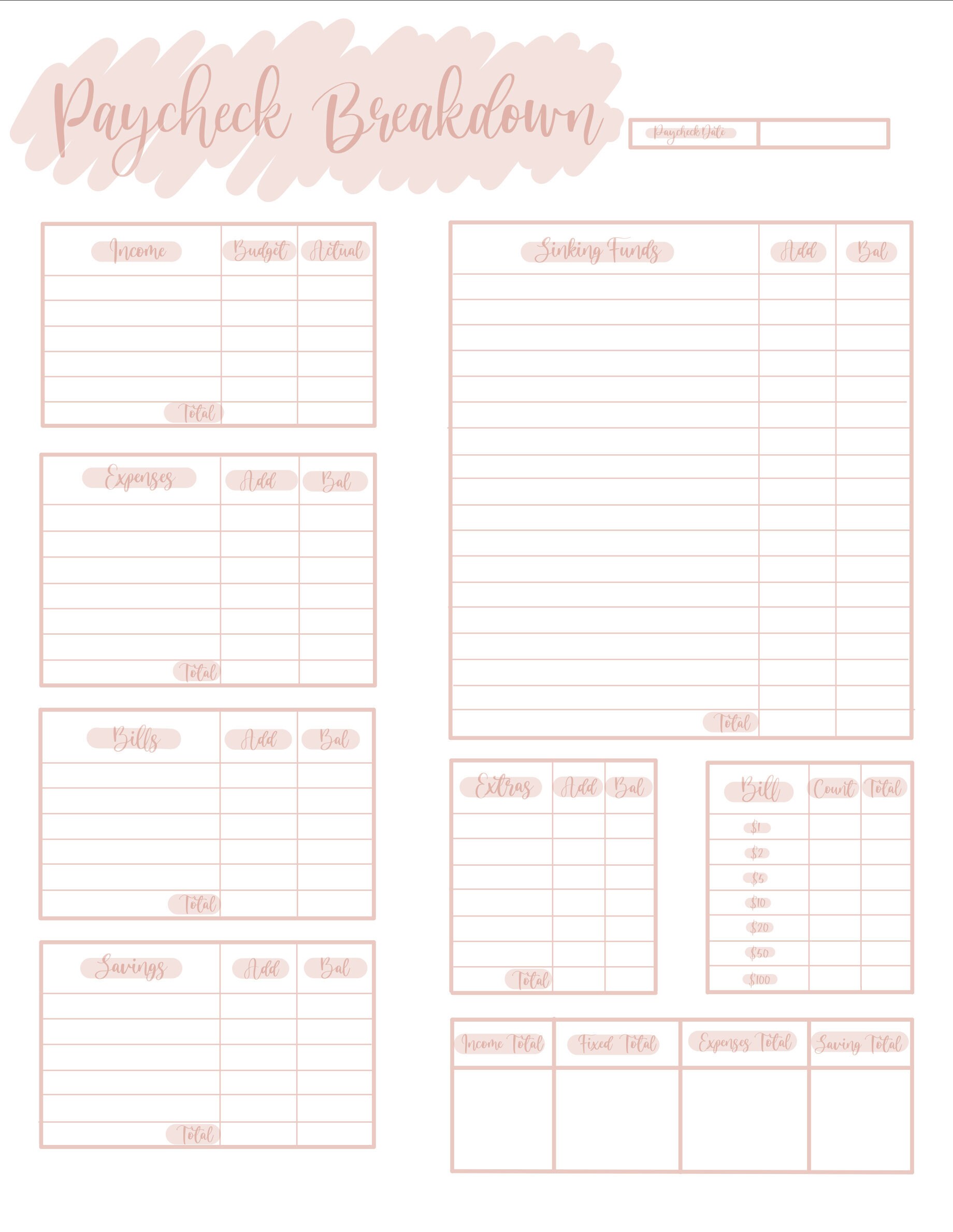 Paycheck Breakdown Printable Budget Digital Paycheck Budget Calendars 