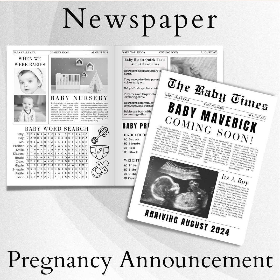 Newspaper Pregnancy Announcement Template, New Baby Coming, Canva ...