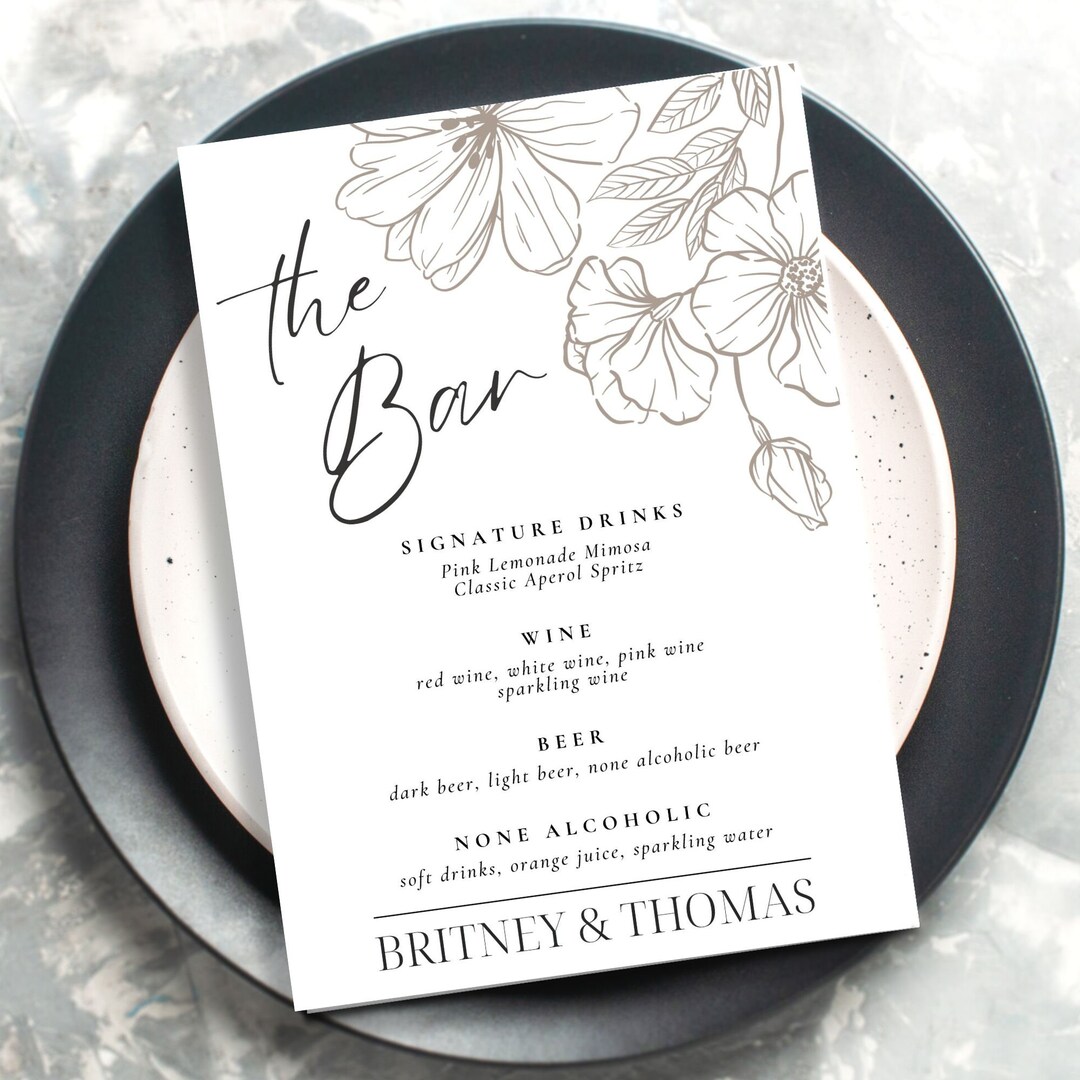 Floral Wedding Bar Menu Template, DYI Minimalist Drink Menu, 100% ...