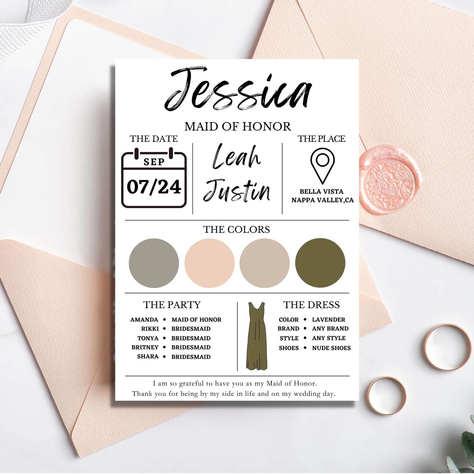 Bridesmaid Info Card Template, Editable Bridal Party Info Card, Modern ...