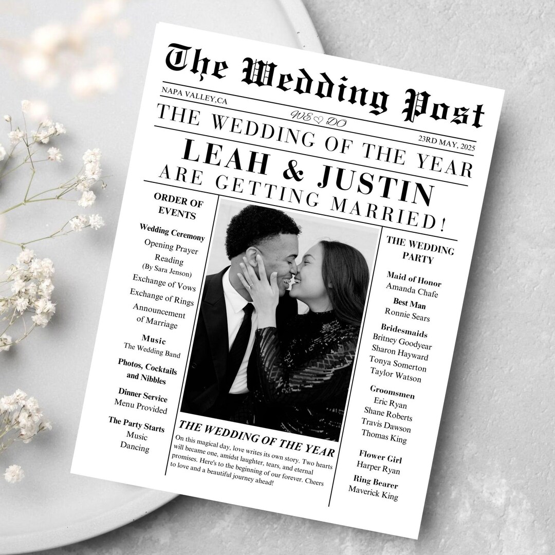 Newspaper Wedding Program Template, Editable Wedding Newspaper Program ...