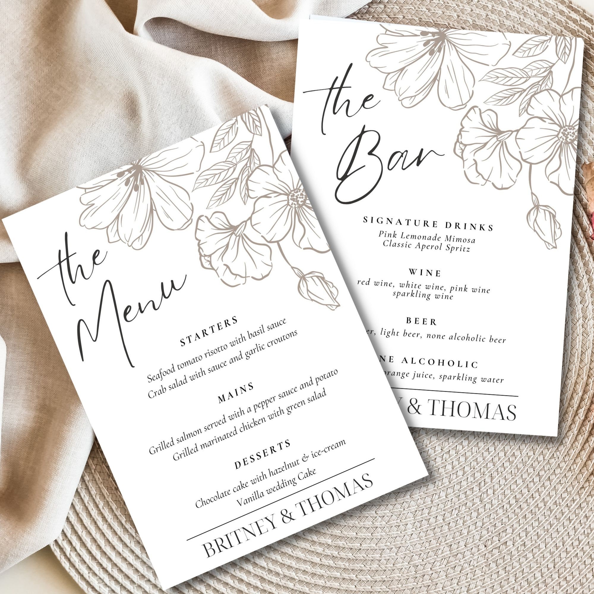Floral Wedding Dinner and Bar Menu Template, DYI Minimalist Menus ...