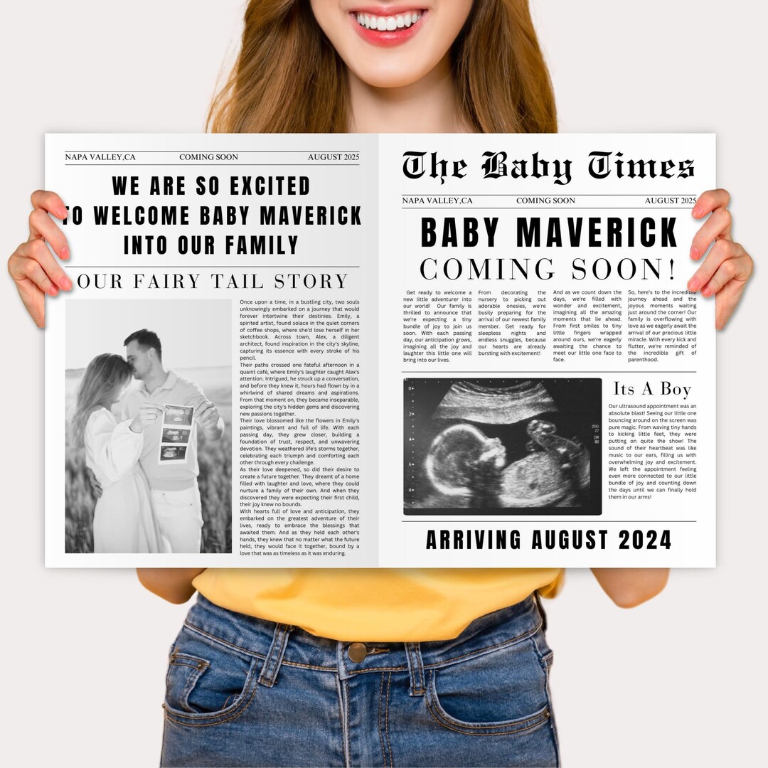 Newspaper Pregnancy Announcement Template, New Baby Coming, Canva ...