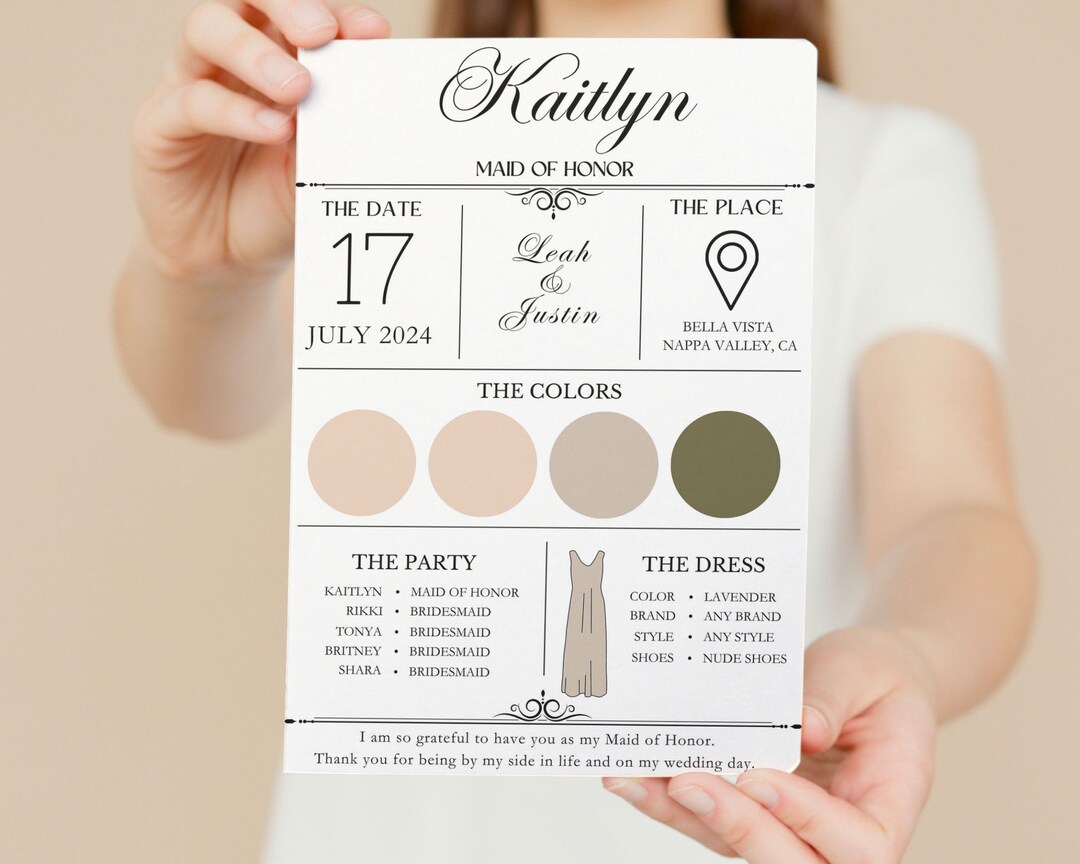 Bridesmaid Info Card Template, Editable Bridal Party Info Card, Modern ...