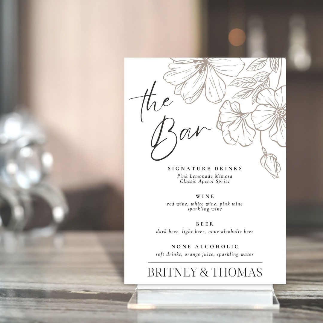 Floral Wedding Dinner and Bar Menu Template, DYI Minimalist Menus ...