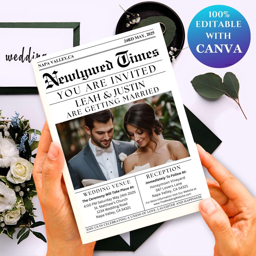 Newspaper Wedding Invitation Template, Save the Date, Editable, Modern ...