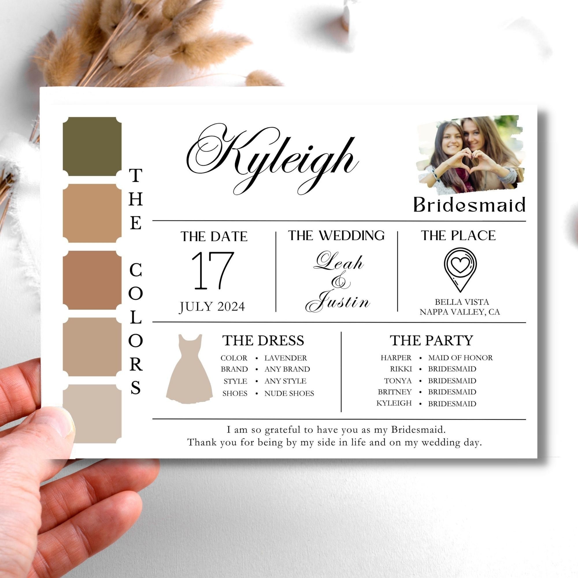 Bridesmaid Info Card Template, Editable Bridal Party Info Card, Modern ...