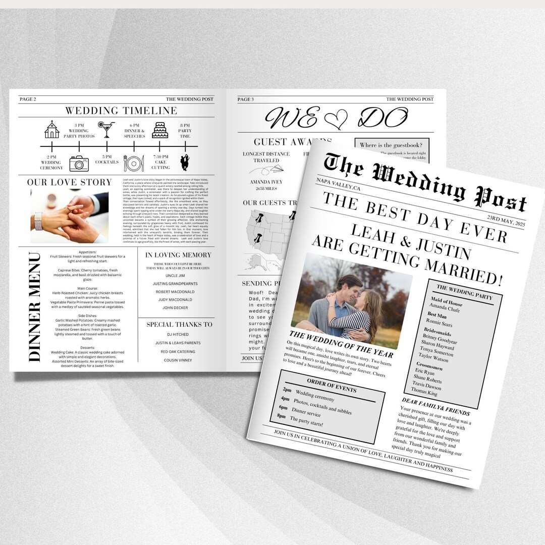 Newspaper Wedding Program Template, Editable Wedding Newspaper Program ...