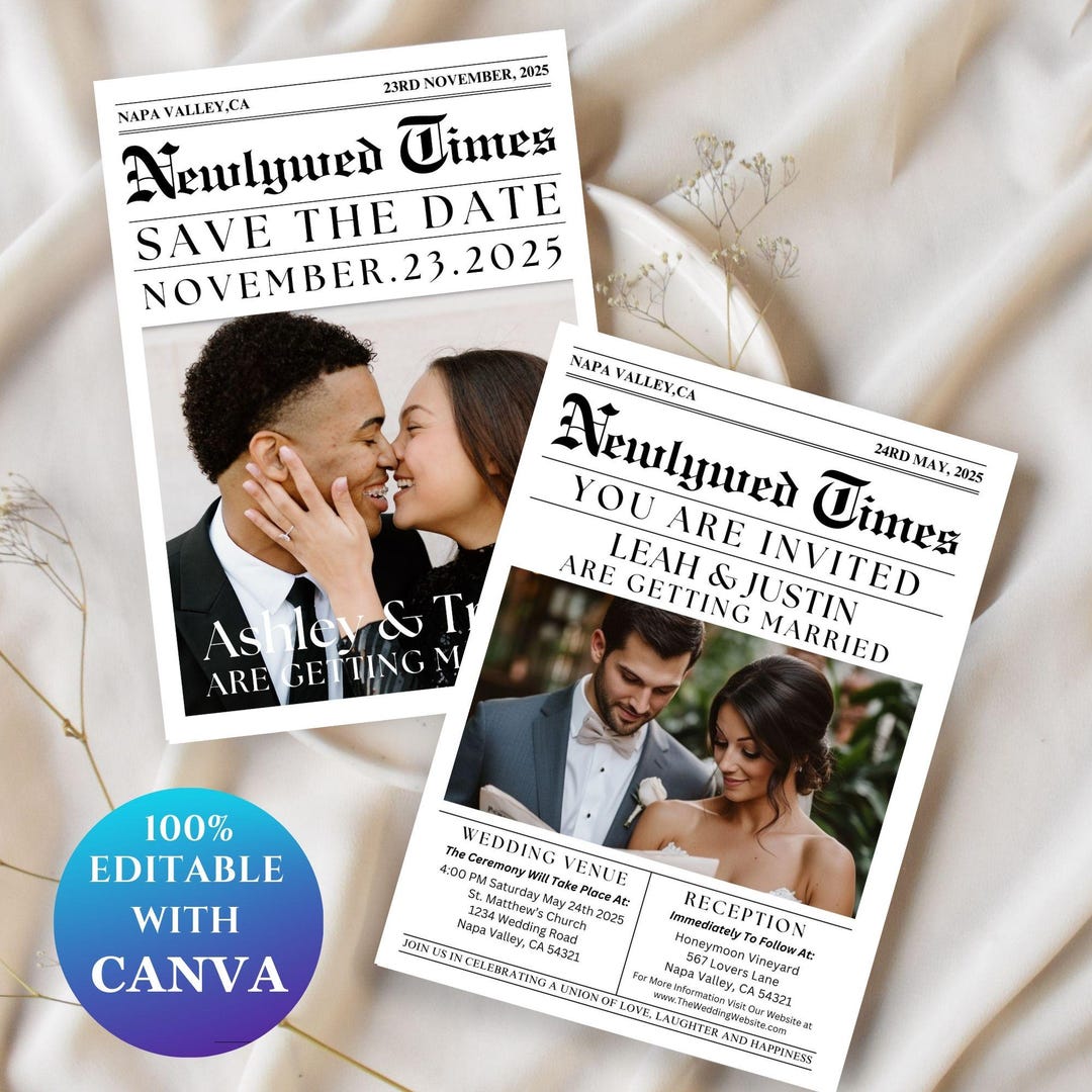 Newspaper Wedding Invitation Template, Save the Date, Editable, Modern ...