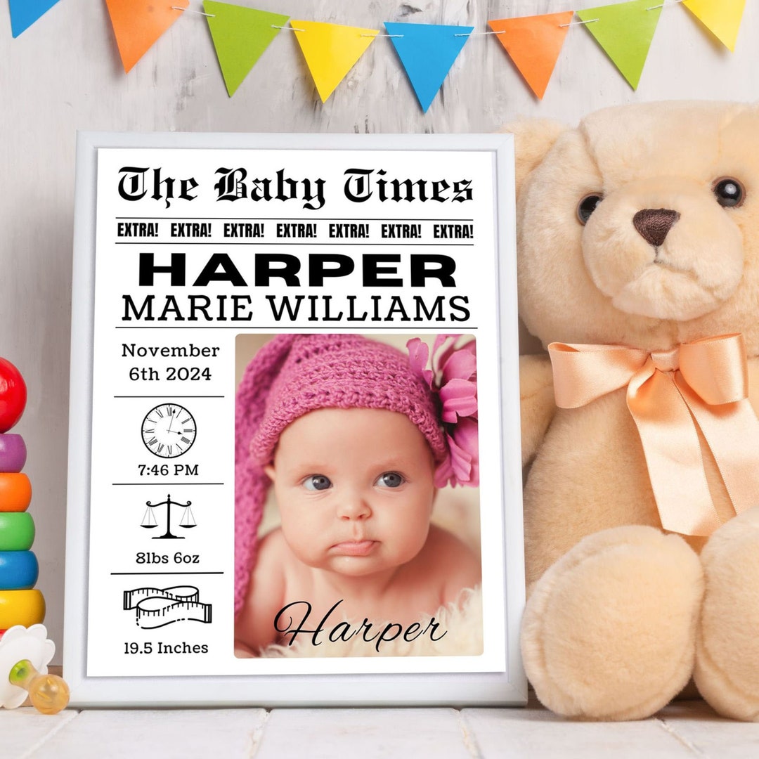Newspaper Baby Stats Sign, Nursery Decor, Baby Announcement Sign, Birth ...