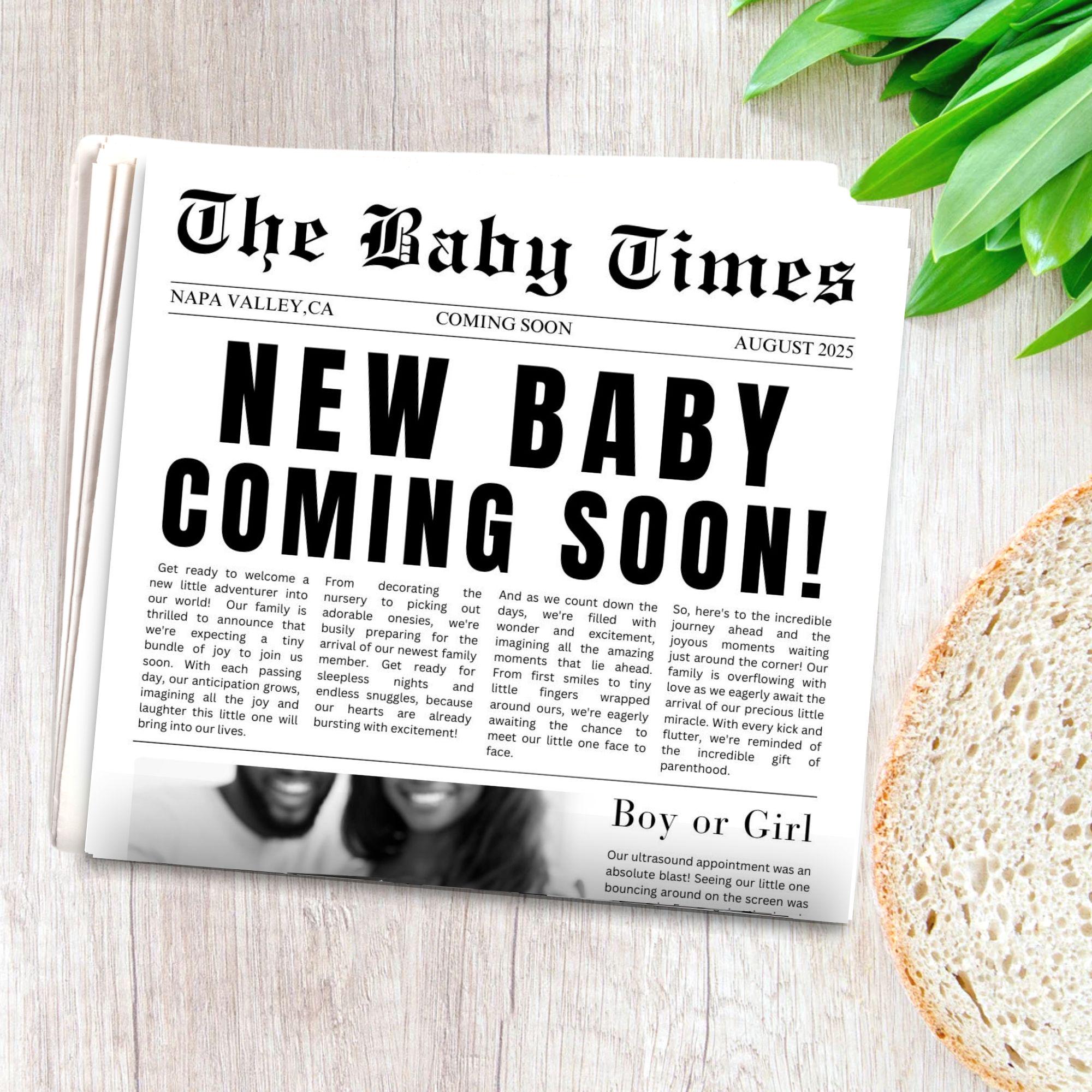 New Baby Announcement Newspaper, Baby on the Way Pregnancy Reveal ...