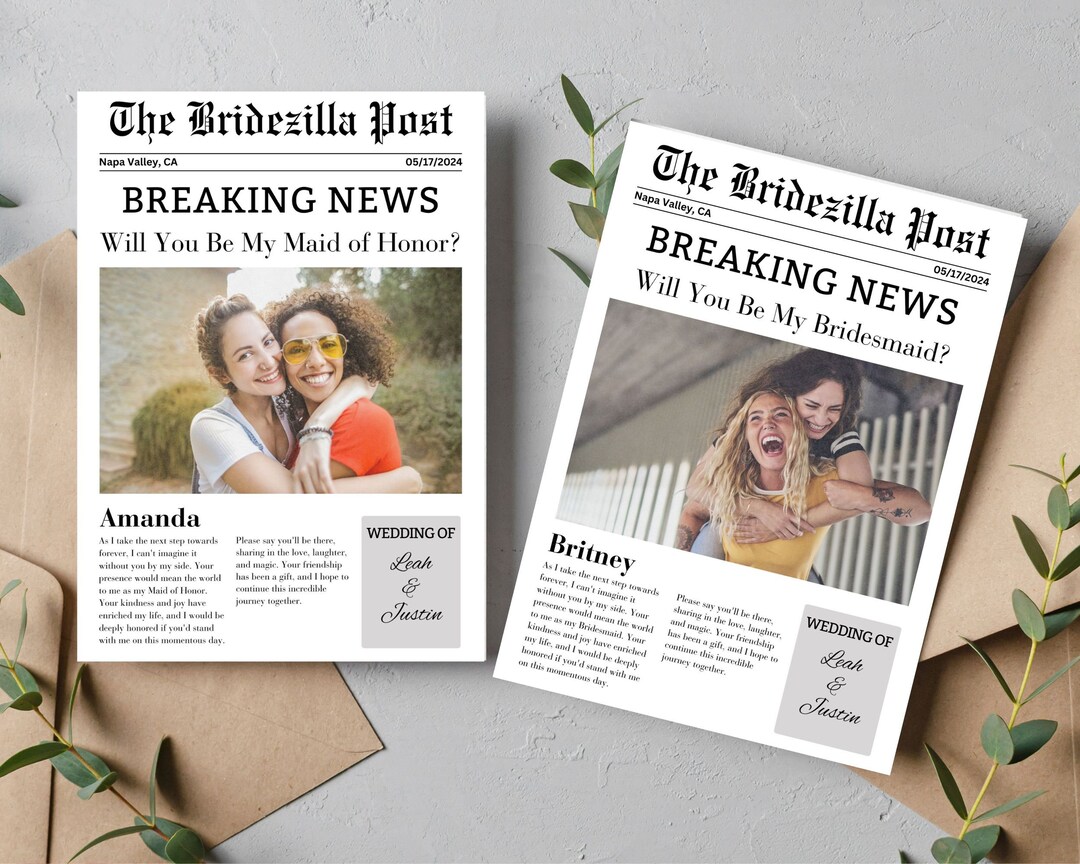 Newspaper Bridesmaid Bridezilla Proposal Card Template, Simple ...