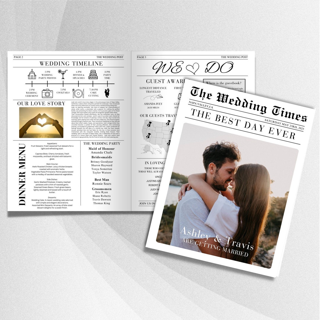 Newspaper Wedding Program Template, Editable Wedding Newspaper Program ...