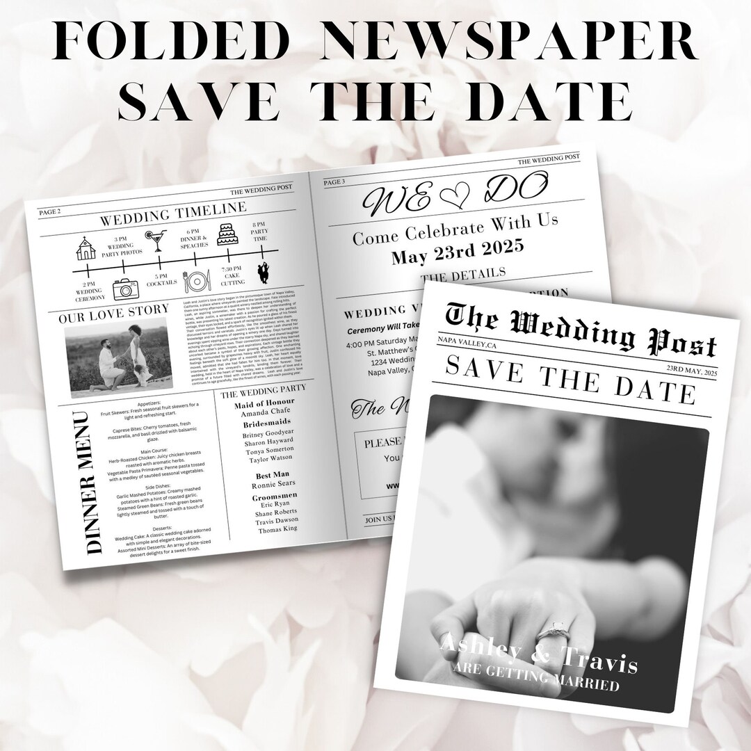 Wedding Newspaper Save the Date Template, Newspaper Invitations, Folded ...
