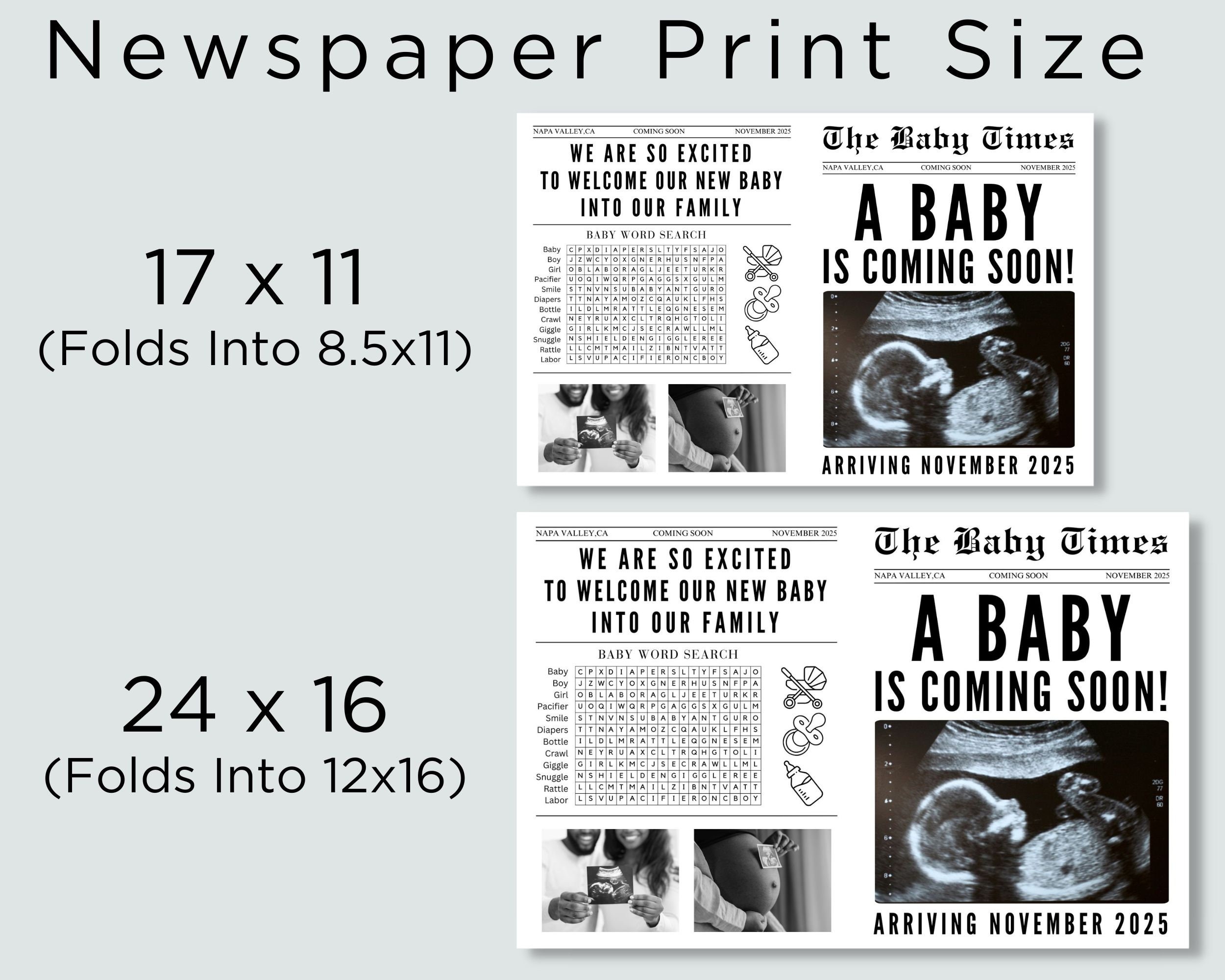 A New Baby Announcement Newspaper, Baby on the Way Pregnancy Reveal ...