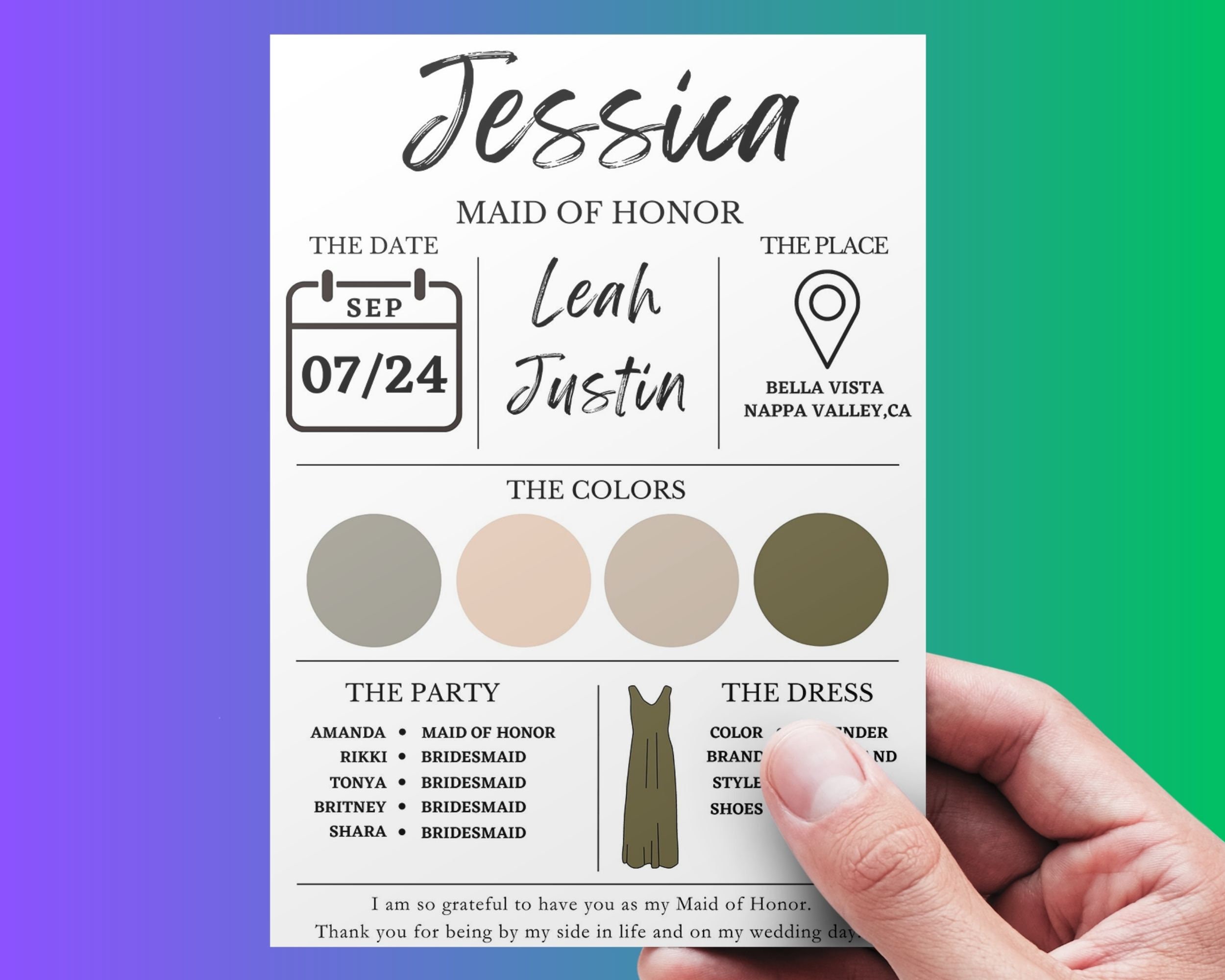 Bridesmaid Info Card Template, Editable Bridal Party Info Card, Modern ...