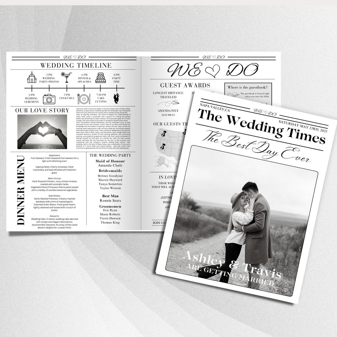Large Newspaper Wedding Program Template, Editable Wedding Newspaper ...