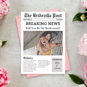 Newspaper Bridesmaid Bridezilla Proposal Card Template, Simple ...