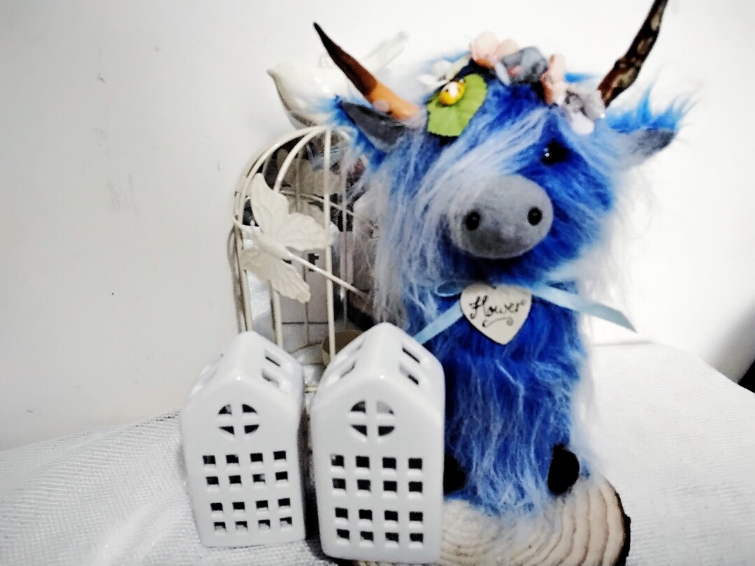Blue Fluffy Highland Cow Named Flower, Fluffy Blue Highland Cow Gnome ...