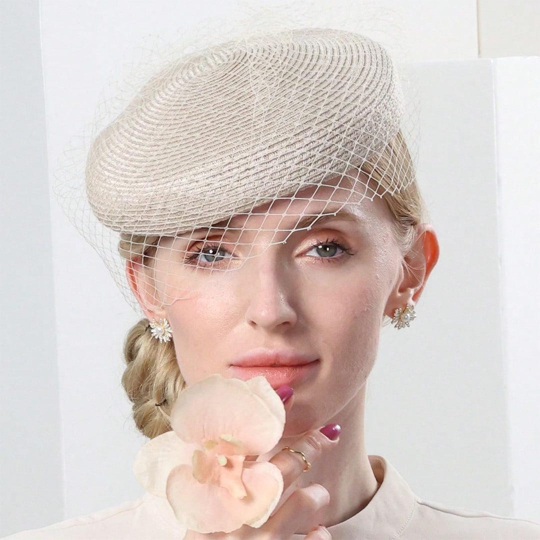 Champagne Straw Fascinator With Veil, Pearl Bridal Hat, Elegant Tea ...