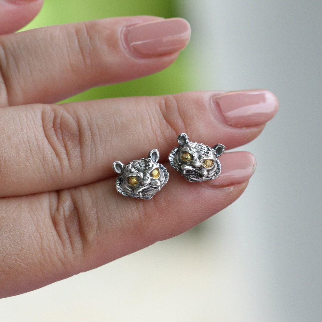 Sterling Silver Tiger Earrings,lucky Gild Eyes Tiger Earrings, Small ...