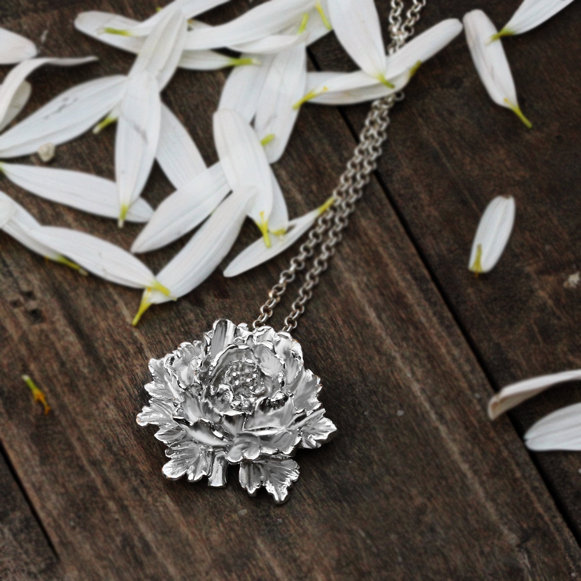 Peony flower sterling silver pendant peony flower sterling | Etsy