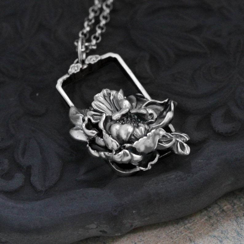 Peony Flower Sterling Silver Pendant Peony Silver Necklack - Etsy