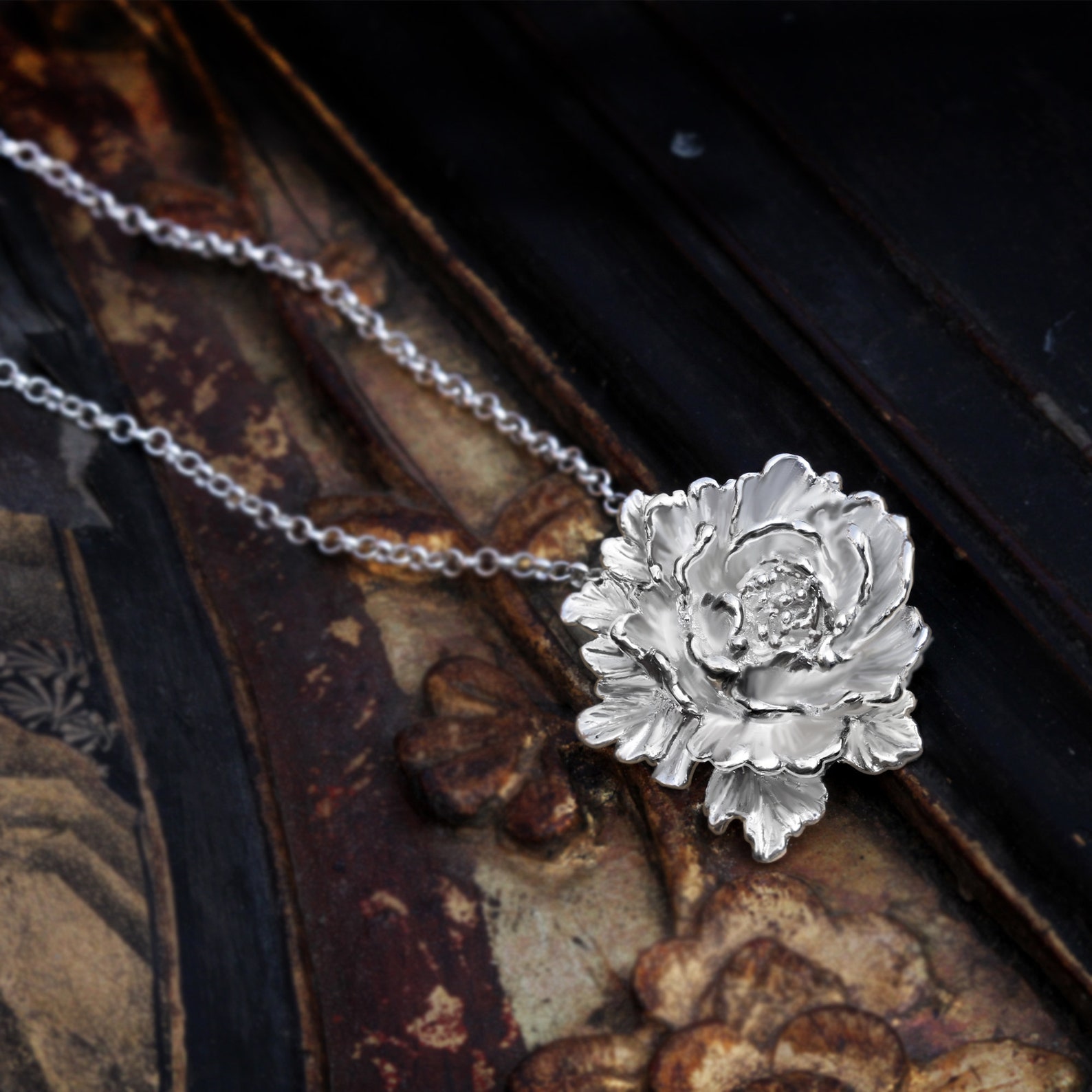 Peony flower sterling silver pendant peony flower sterling | Etsy