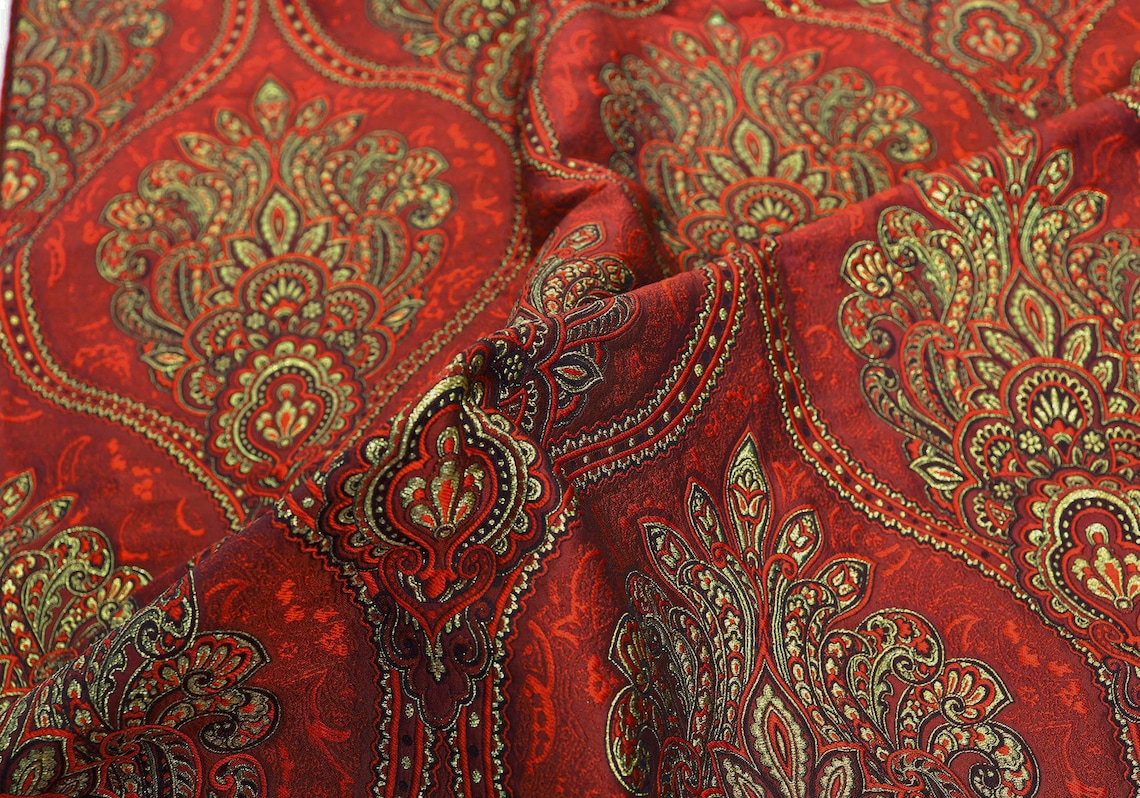 Dark Red Gold Thread Damask Jacquard Renaissance Fabric 58" Wide - Sold ...