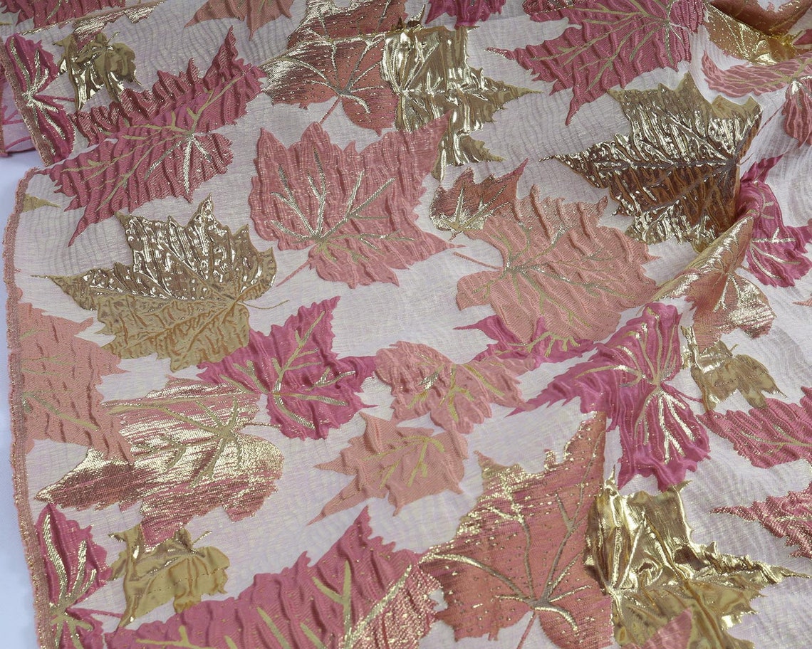 Gold and Pink Maple Leaves Crinkled Jacquard Fabric for Dress - Etsy