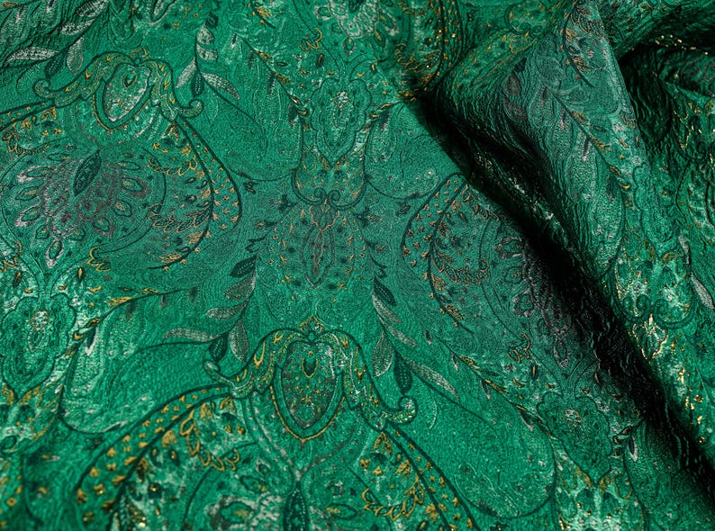 Tela clásica de brocado floral en relieve verde retro con detalles ...