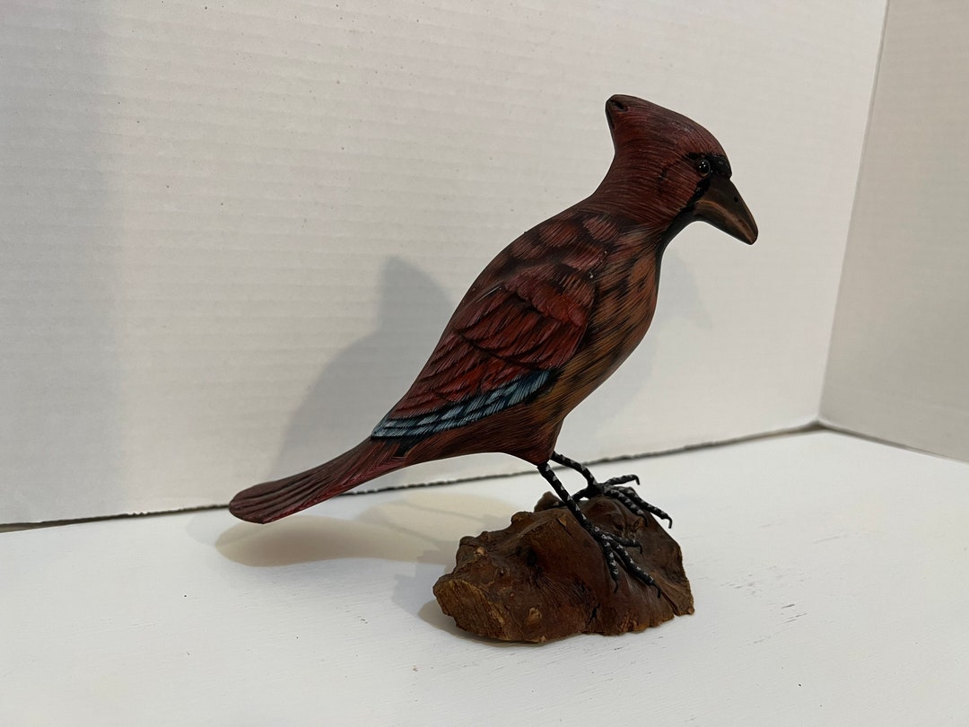 Vintage Folk Art Carved Wood Northern Cardinal, Hand Carved Wooden ...