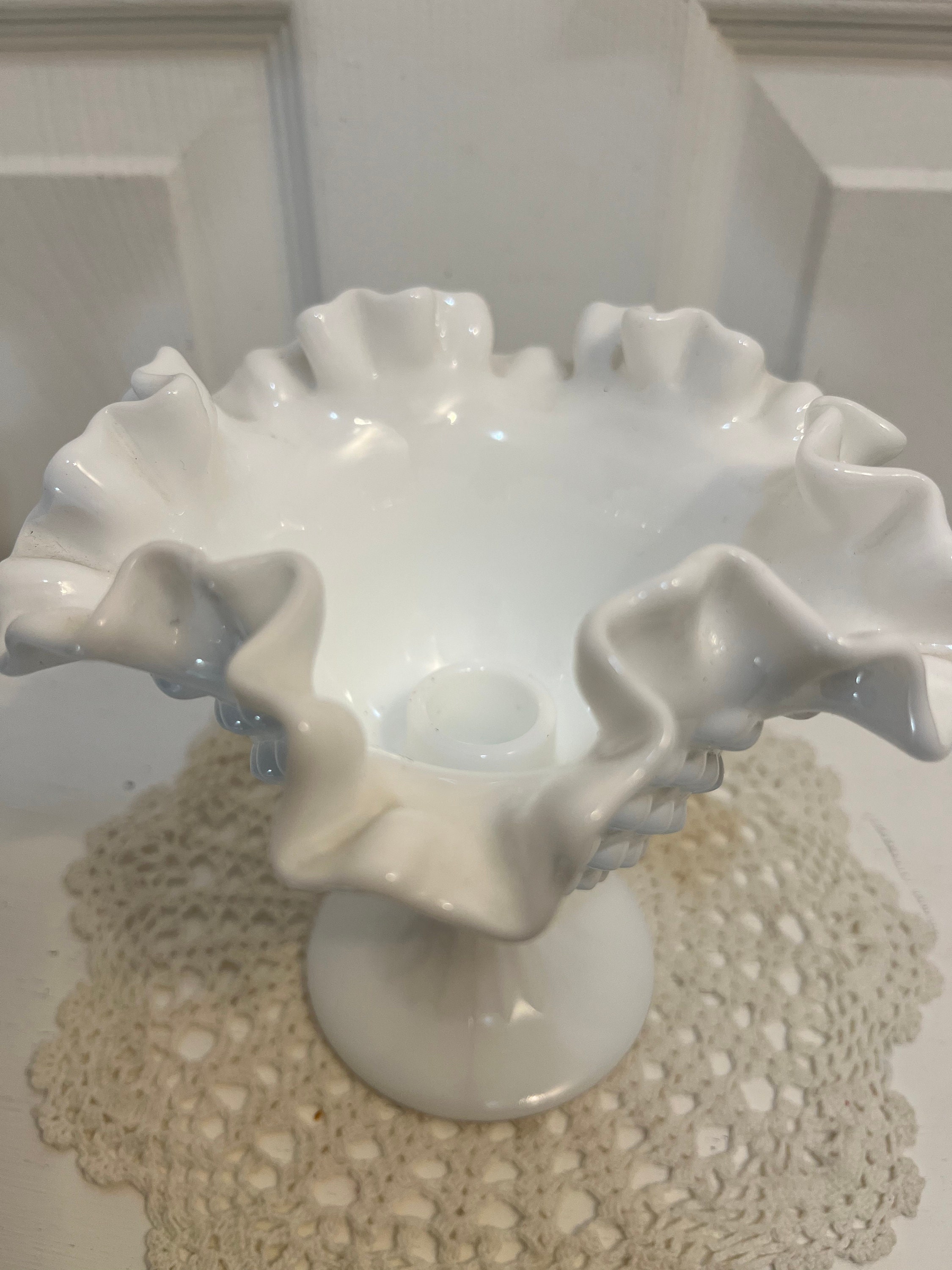Vintage Fenton Hob Nail Milk Glass Ruffled Candle Holder Pair, 1960s ...