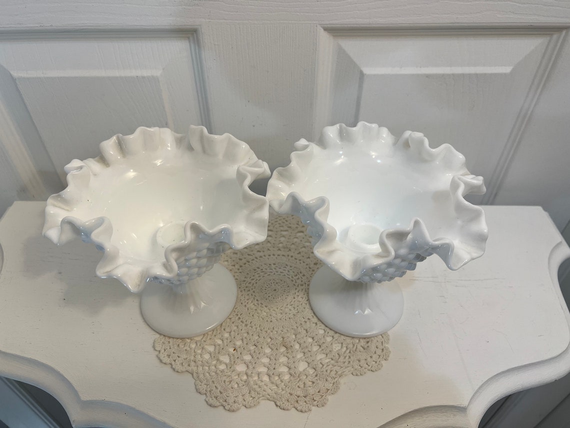 Vintage Fenton Hob Nail Milk Glass Ruffled Candle Holder Pair, 1960s ...