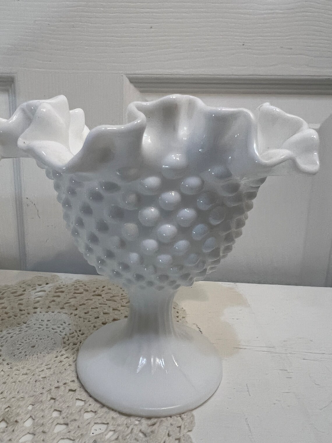 Vintage Fenton Hob Nail Milk Glass Ruffled Candle Holder Pair, 1960s ...